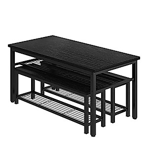 Lamerge 3-Piece Dining Table Set, Black Dining Table with Storage Shelf, Kitchen Table and Chairs Set for 4, Dining Table Set with 2 Benches, Industrial Dining Table Set for Dining Room, Kitchen