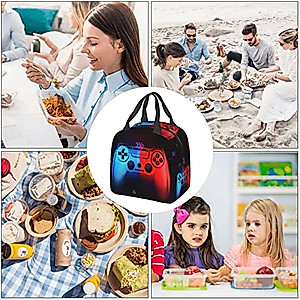 Hellokugou Game Lunch Bag For Kids Gaming, Red & Blue Fluorescent Gamepad Glow Luminous Lunch Box Portable Reusable Handbag Box Travel Beach Picnic