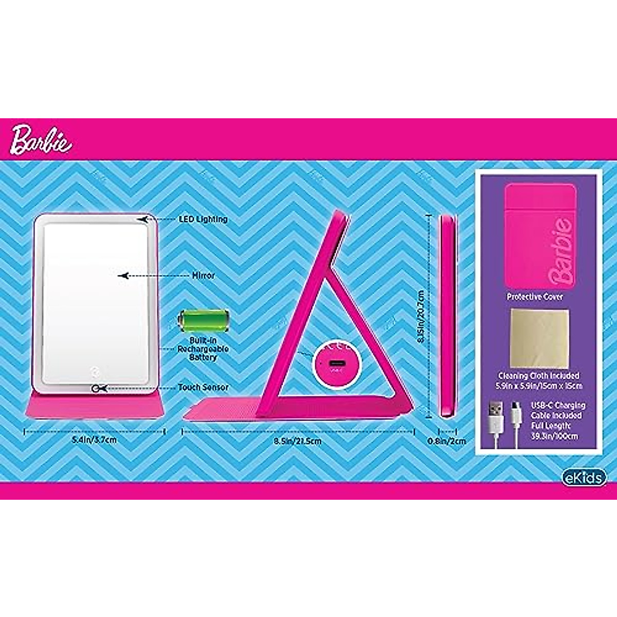 eKids Barbie Travel Mirror with Light and Adjustable Stand, Shatterproof Makeup Mirror with Rechargeable Battery, Designed for Fans of Barbie Accessories and Gifts