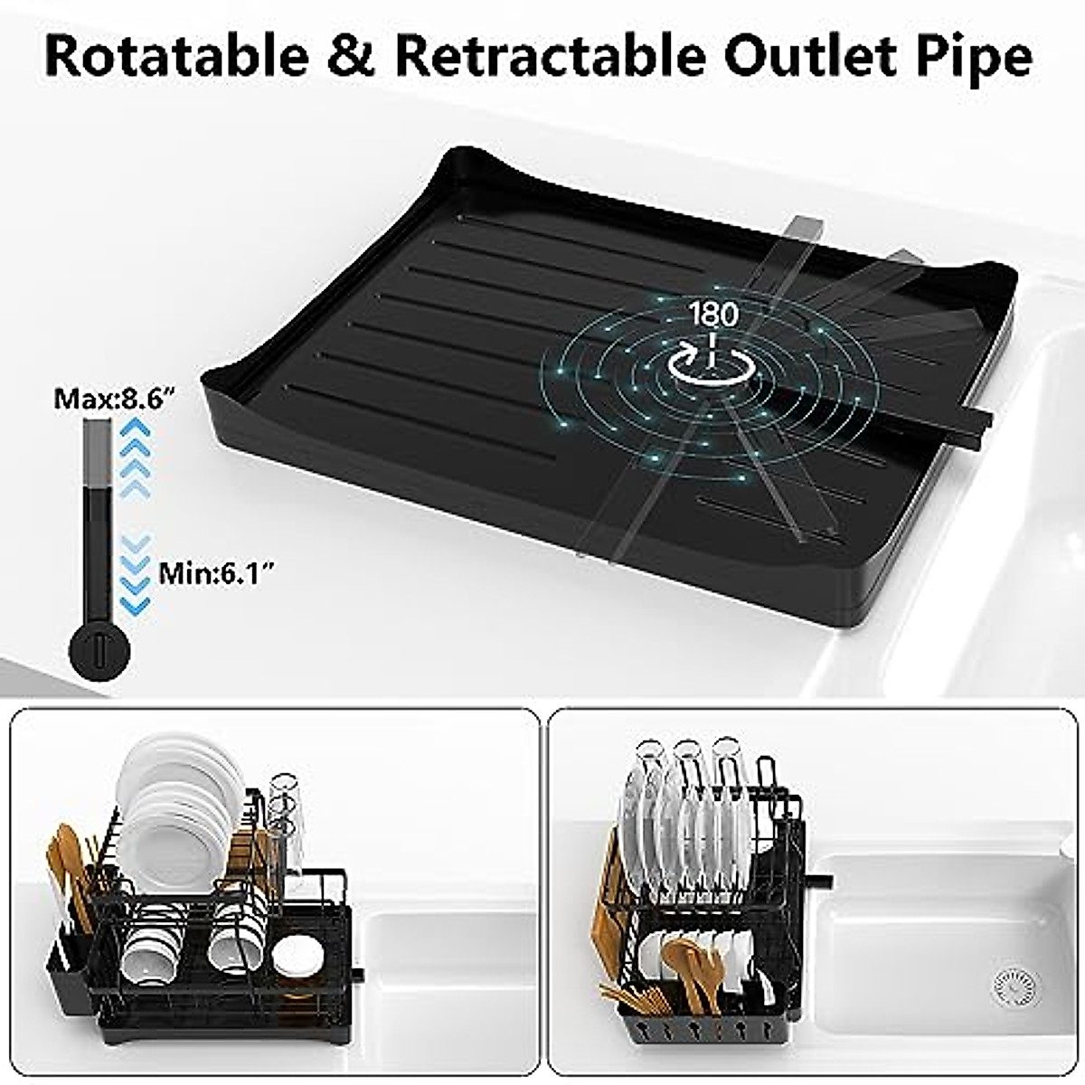 Yeepoo Dish Drying Rack 2 Tier and Triangle Roll-Up Drying Rack Set for Kitchen Counter Come with Cup Rack Utensil Holder Cutting Board Holder Rustproof Stainless Steel Dish Drainer with Drainboard