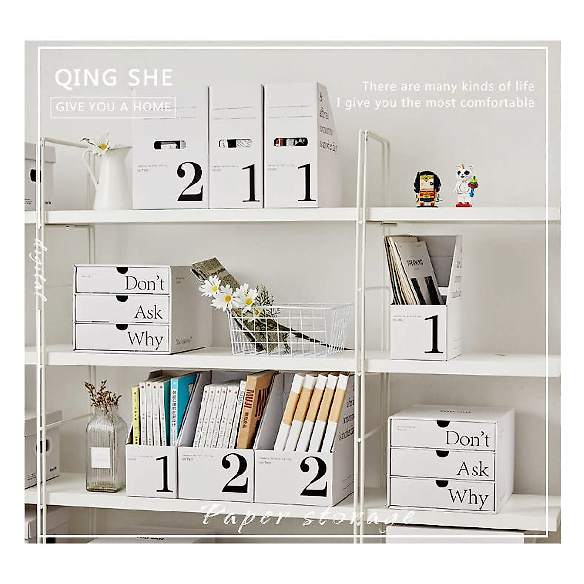 4 Pack Magazine File Holder Magazine Organizer, Magazine Storage Box, Large Volume Magazine File Organizer as Book Bins or Folder Holder for Desk (White) (7.48*9.65*11.42 inch/18.9*24.5*29 cm)