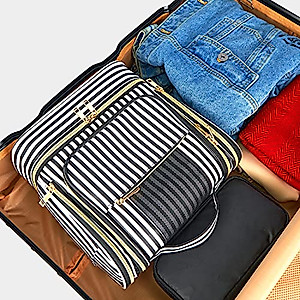 WDLHQC Large Hanging Toiletry Bag with Hook | Water Proof Zip Bag Travel Makeup Bag Organizer | Cosmetic Travel Bag for Toiletries | Travel Essentials for Women & Men Hanging Travel Bag (Black Stripe)