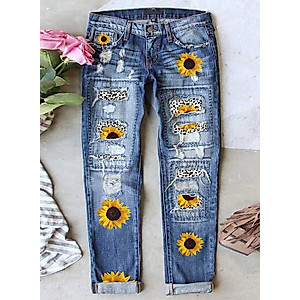 Astylish Women Stylish Destroyed Raw Hem Stretchy Mid Rise Jeans Distressed Boyfriend Ripped Hole Ankle Sunflower Denim Pants Large