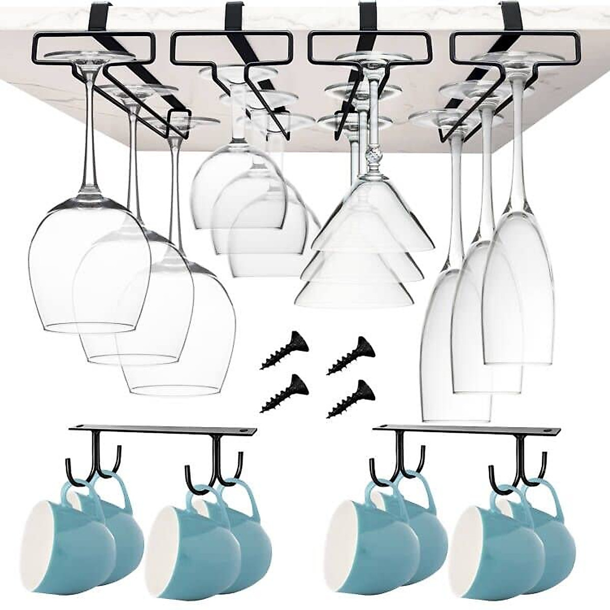 Wine Glass Holder Under Cabinet, Movable 4 Rows 12" Nail Free Metal Wine Glass Rack Stemware Wine Glasses Hanger Storage Rack Organizer Under Shelf With Mugs Set Holder for Cabinet Kitchen Bar