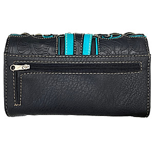 Justin West Western Studded Rhinestone Buckle Laser Cut Wristlet Trifold Wallet Attachable Long Strap (Black Turquoise)