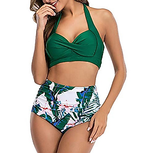 Womens Vintage Bikini Swimsuits Modest Knot Halter Criss Cross Back Push Up Bra Tops Beach Wear Swim 2 Pieces Bathing Suits (Green Leaves,L)