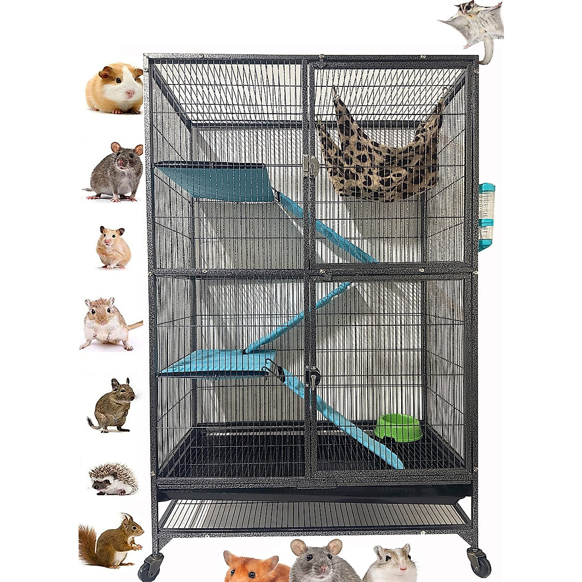 Two Story Extra Large 30.5"x19"x55"H 4-Level Double Front Doors Chew Free Feisty Ferret Chinchilla Small Animal Home Wrought Iron Cage Tight 1/2-inch Bar Spacing Rolling Stand Hammock