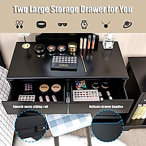 AUGESTER Vanity Set with 8 Lighted Bulbs Mirror, Makeup Dressing Table w/Replaceable and Adjustable Lights Cushioned Stool & 2 Sliding Drawers, Compact Makeup Table Chair for Bedroom   (Black)