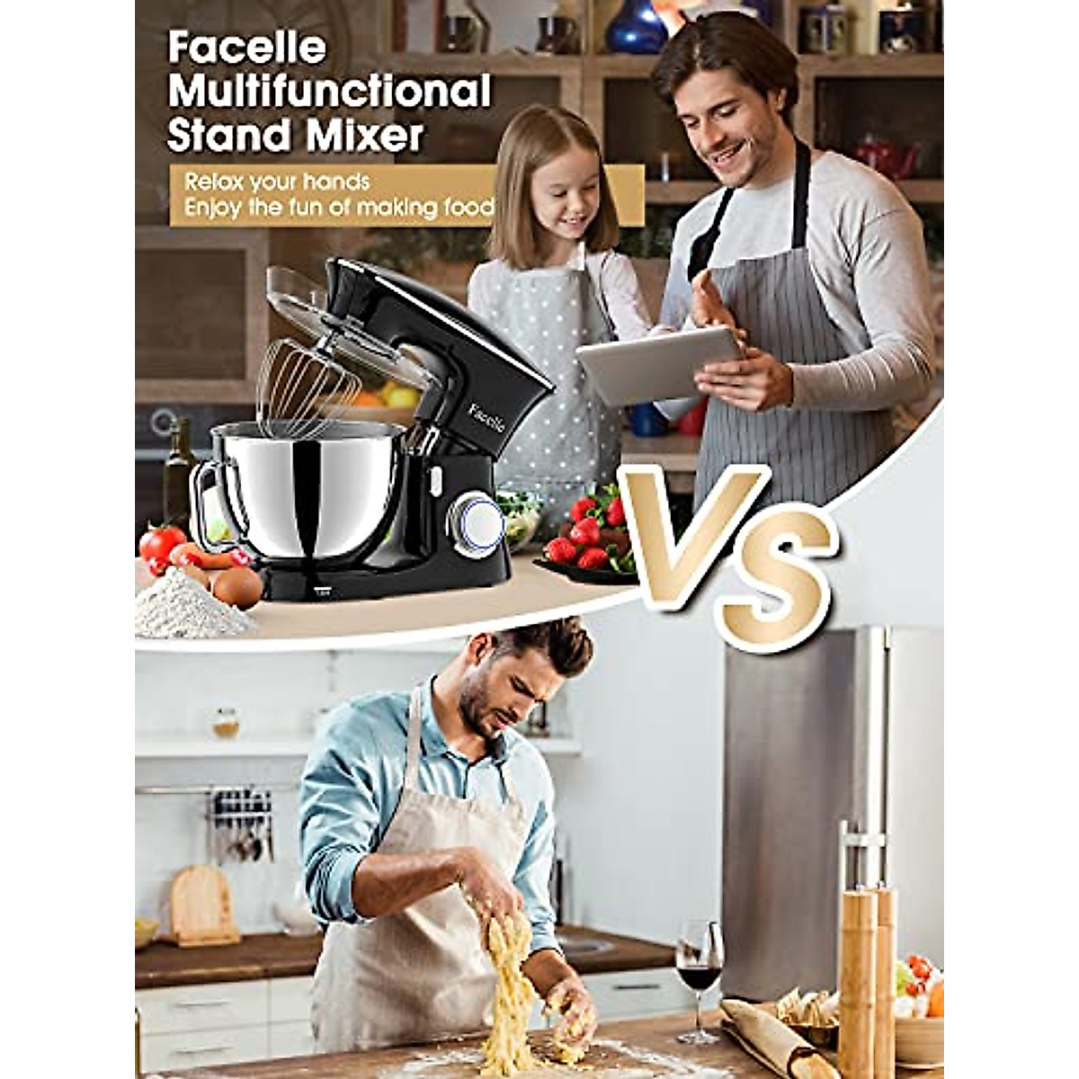 Facelle Stand Mixer, 8.5 Quart Electric Mixer, 660W 6-Speed Tilt-Head Kitchen Electric Food Mixer with Beater, Dough Hook and Wire Whip, Black