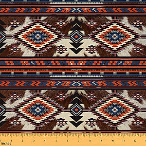 Orange Brown Cowhide Aztec Fabric by The Yard 2 Yard, Western Boho Upholstery Fabric for Kids Ethnic Tribe Arrow Aztec Decorative Waterproof Outdoor Fabric Cow Fur Print Outdoor Fabric Microfiber