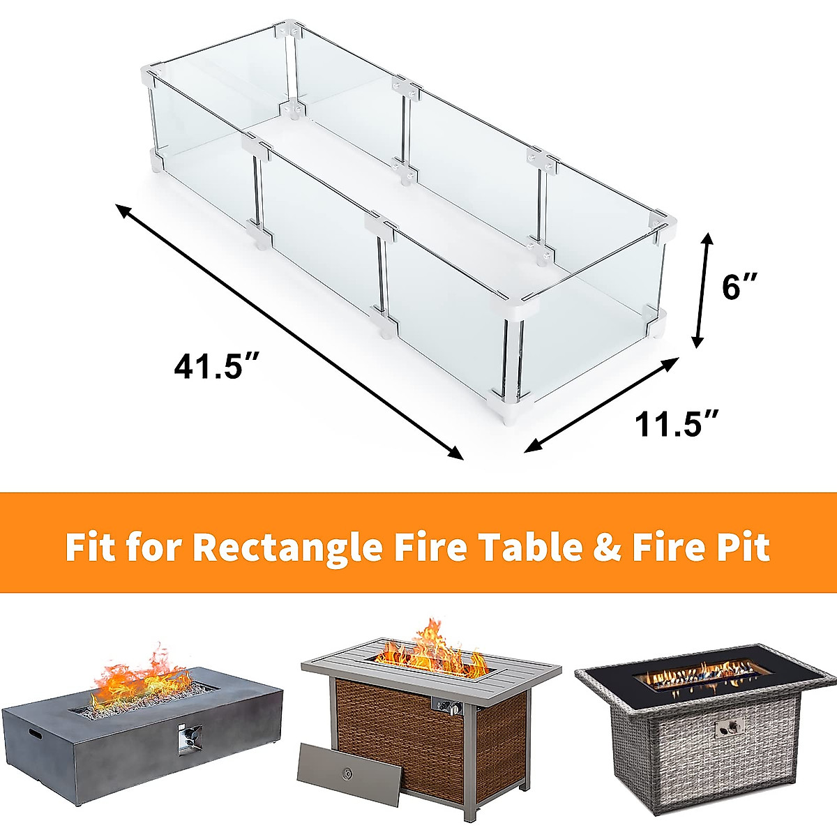 Grisun Cobalt Blue Fire Glass for Fire Pit - 1/2 Inch 10 Pounds and Rectangle Fire Pit Glass Wind Guard - 41.5 x 11.5 x 6 inch