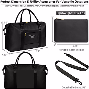 Large Duffle Bag for Travel Waterproof 21 Inch, Vankor Gym Duffel Bag for Women Men Durable Carry on Weekender Overnight Sports Luggage Weekend Beach Yoga Workout Hospital Mommy Diaper Bag Black