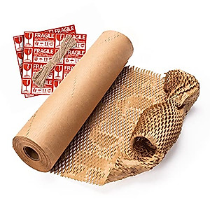 MUNBYN Honeycomb Packing Paper, 15 inches x 120 feet Eco Friendly and Recyclable Cushion Material, Moving Shipping Supplies with 16 Fragile Sticker Lables and 100 Feet Jute Wine(Brown)