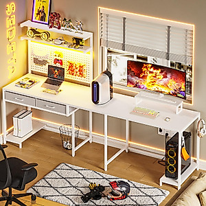 SEDETA White L Shaped Gaming Desk with LED Lights and Drawers, Gaming Desk with Hutch & Pegboard, Computer Desk with Monitor Stand, Storage Shelves, Home Office Desk Corner Desk, Gaming Table