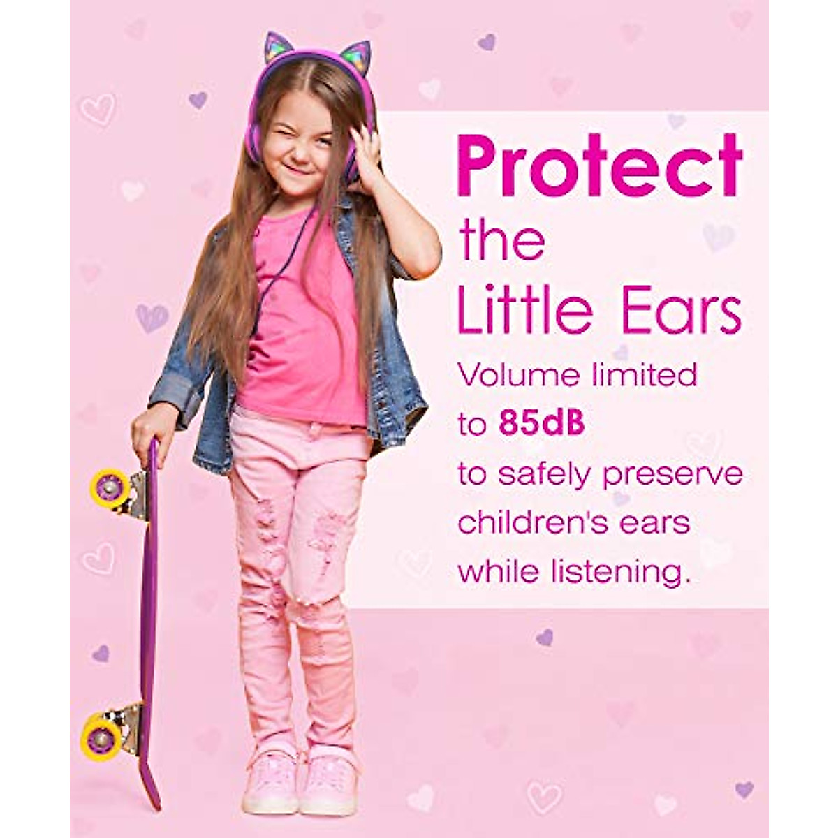 FosPower Kids Headphones with LED Cat Ears (Safe Volume Limit 85 dB), 3.5mm On-Ear Wired Headphones with Laced Tangle-Free Cables for Boys/Girls/School/Travel - Hot Pink/Purple