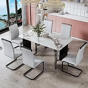 Goderfuu Glass Dining Table for 6 People, 63 inch Modern Kitchen Table with Black Wood Base, White Marble Textured Glass Dining Table Pedestal Dinner Table, Faux Marble Dining Table for Dining Room