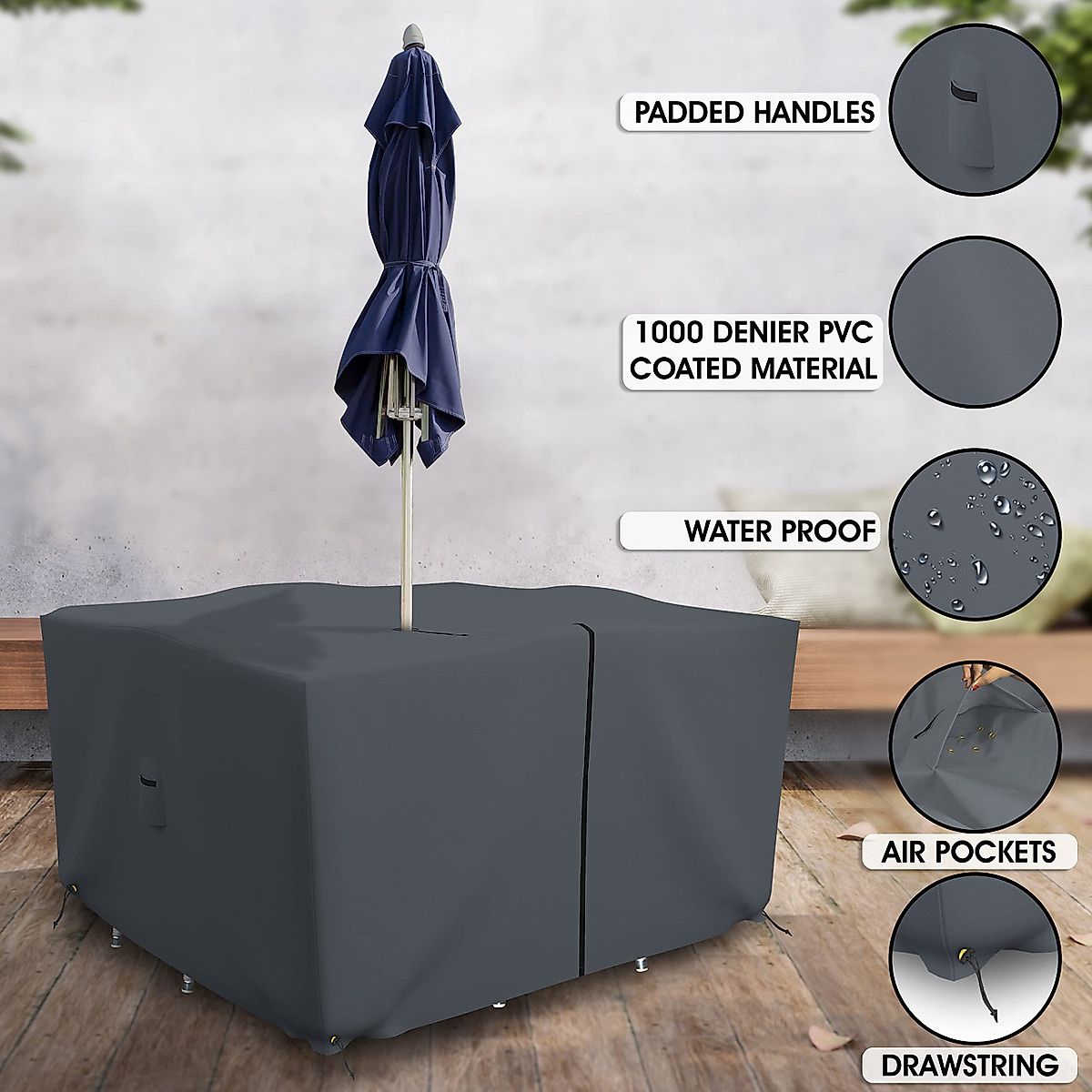 Covers & all Square Table & Chair Set Cover with Umbrella Hole, 12 Oz Waterproof UV & Weather Resistant, Patio Lawn Garden Backyard Furniture with Air Vents & Drawstrings (45"L X 45"W X 30"H, Grey)