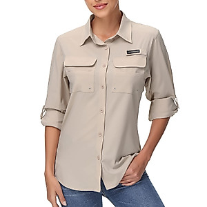 BASSDASH Women's UPF 50 Long Sleeve Fishing Hiking Button Down Shirt Performance Quick Dry FS21W Khaki