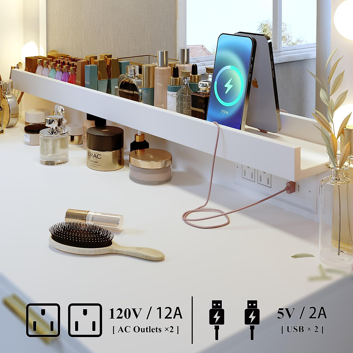ALEXNUTRE Makeup Vanity Desk with Large Mirror and 13 LED Lights, 39.3in Vanity Table with Power Outlet & 5 Drawers, 3 Lighting Color Adjustable, Vanity Desk for Bedroom and Dressing Room, White