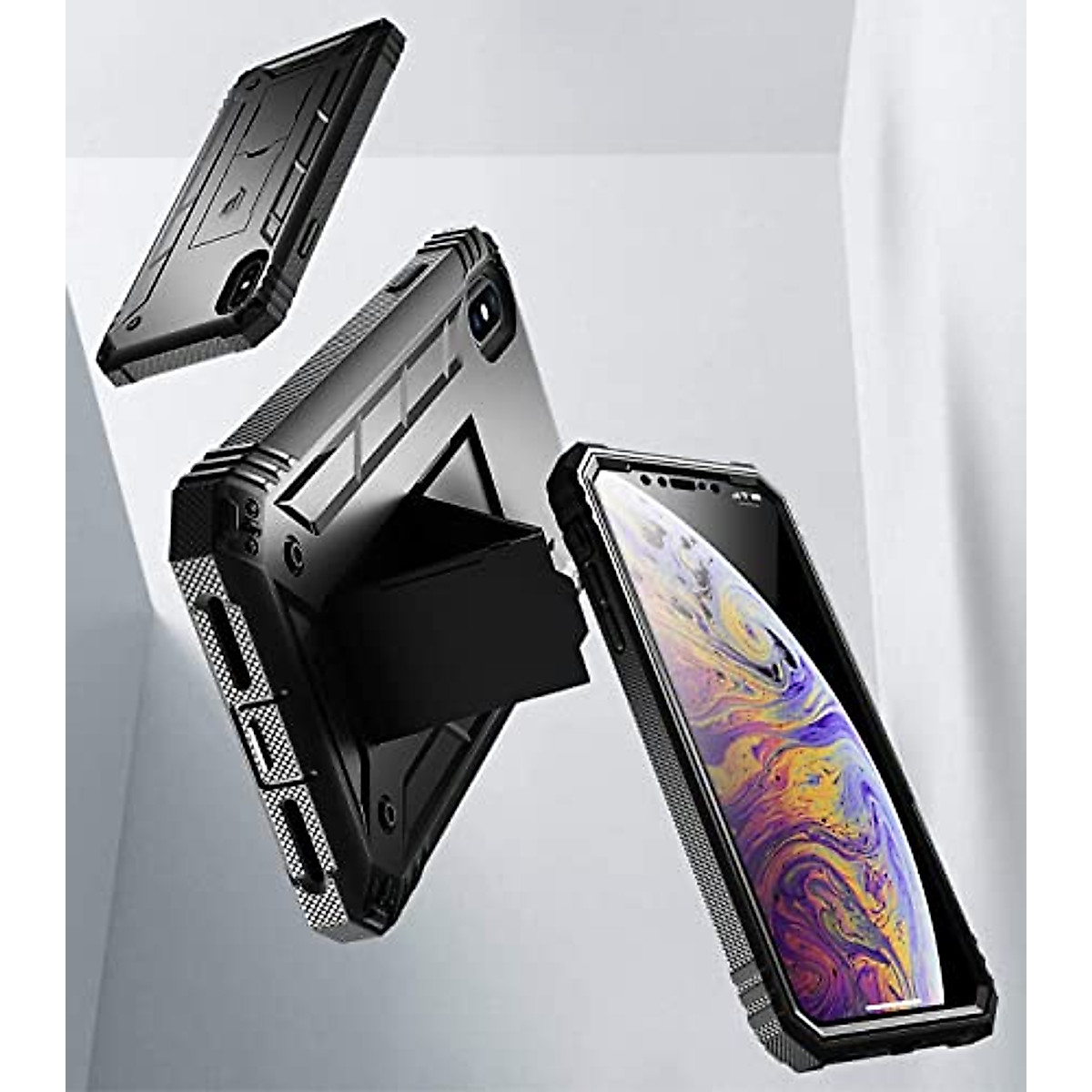 Poetic Revolution Series Case for iPhone Xs Max 6.5 inch, Full-Body Rugged Dual-Layer Shockproof Protective Cover with Kickstand and Built-in-Screen Protector, Black