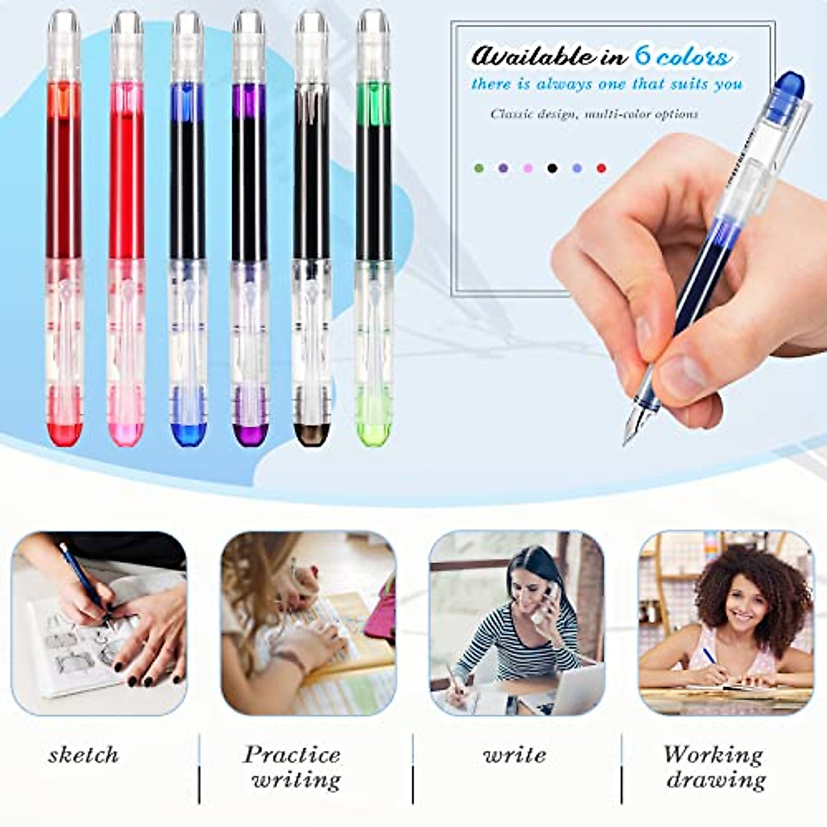Colorful Disposable Fountain Pens Set - 6 Assorted Colors