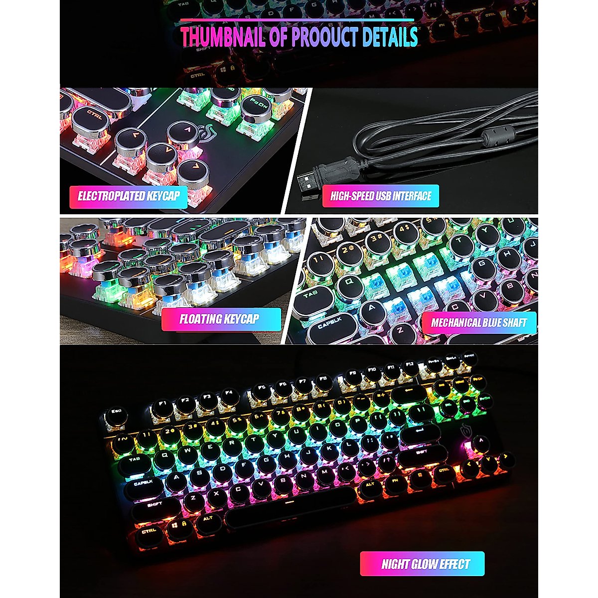 Type Writer Keyboard, Typewriter-Style Steampunk Mechanical Gaming Keyboards Blue Switch with 9 True RGB Backlight Modes and 87-Key Wired Keyboard with Spill-Resistant (Round Keycaps)