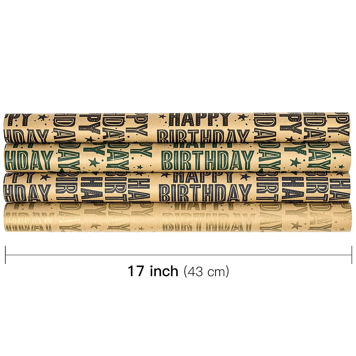 RUSPEPA Kraft Wrapping Paper Rolls - 17 inches x 10 feet per Roll, Total of 4 Rolls, Birthday Greeting
