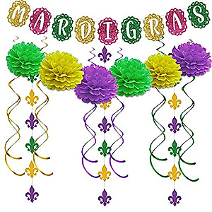 Mardi Gras Party Banner Hanging Swirls, Paper Pom Poms Flowers Fleur De Lis Garland Banner - Mardi Gras Hanging Tissue Decor Banner for Party Decorations Carnival Anniversary Home Decoration Supplies