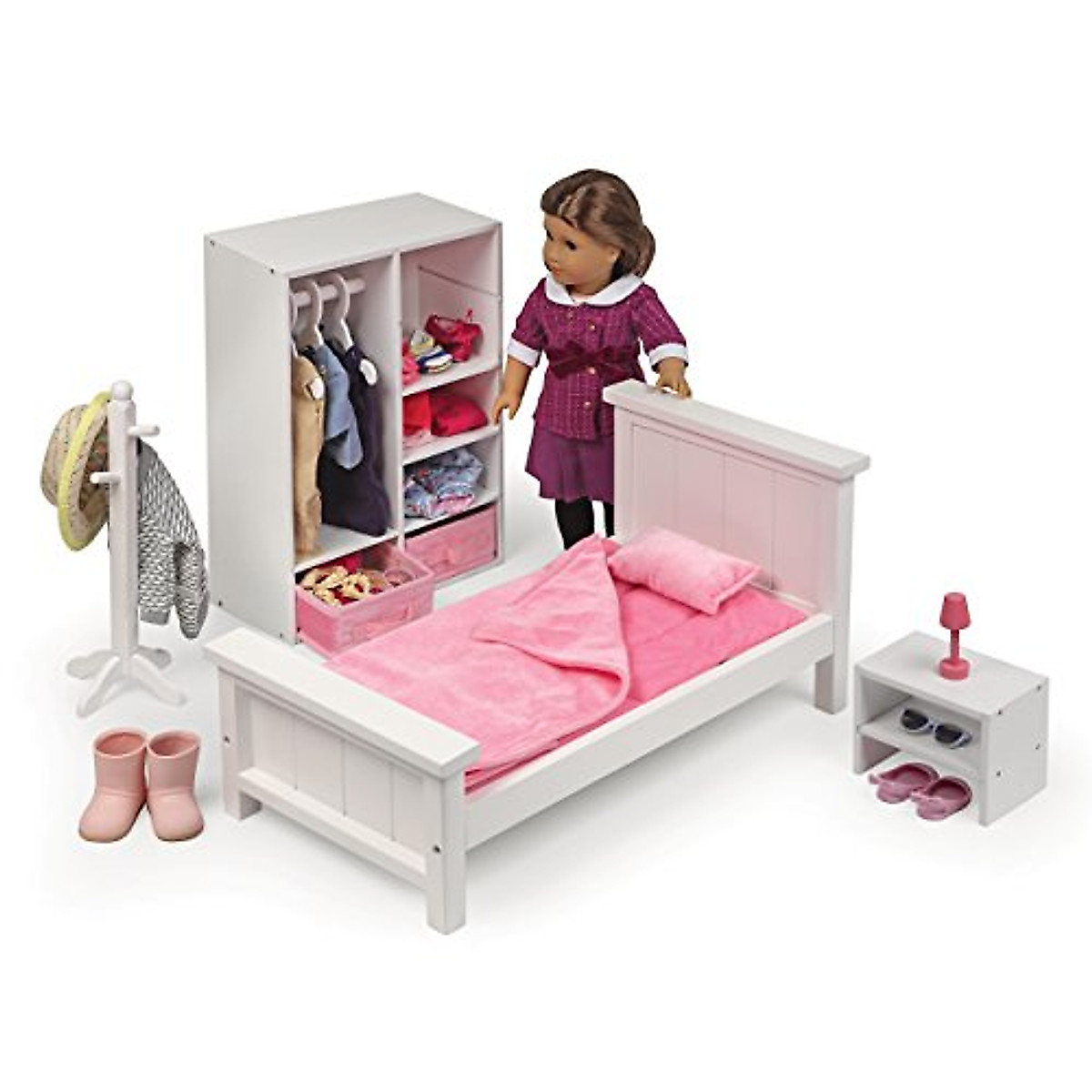 Badger Basket Toy Bedroom Furniture Set with Doll Bed, Armoire, and Nightstand for 18 inch Dolls - Pink/White