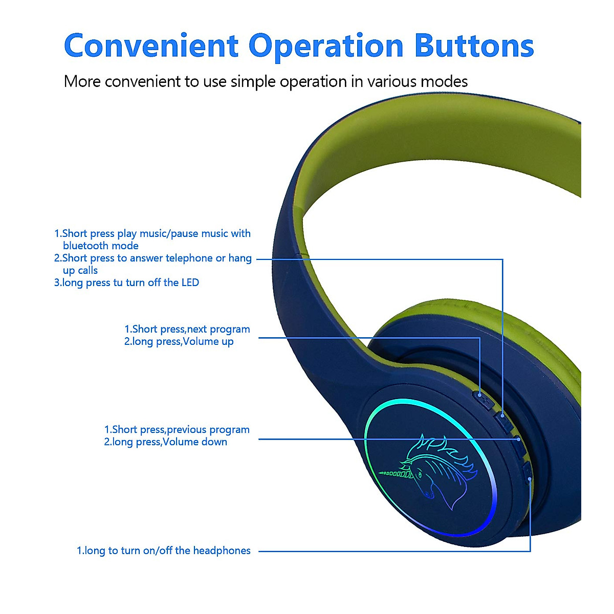 YUSONIC Wireless Headphones with led Lights, Kids Bluetooth Headphones for Boys Girls School/Travel/Phone/Kindle/pc/tv / MP3/tablet/laptop. (Blue Green)