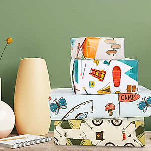 Whaline 12 Sheet Camping Wrapping Paper Tent Bear Tree Mountain Gift Wrap Paper Folded Flat DIY Craft Art Paper for Camp Theme Party Decor Wrapping Supplies