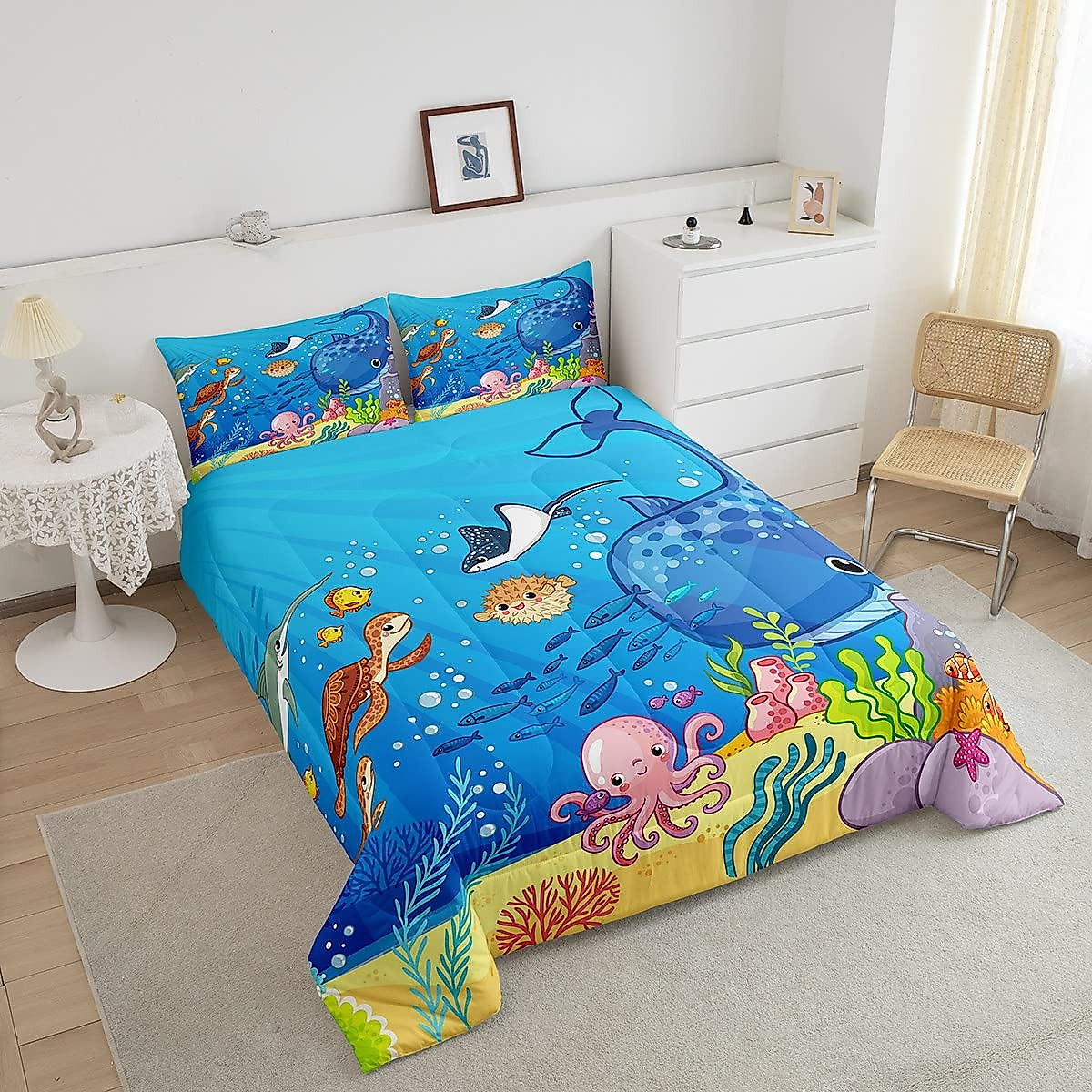 Marine Animals Comforter Set Twin,Shark Octopus Turtle Coral Bedding Set,Underwater World Cartoon Quilt Set 2Pcs for Kids Teens Adults Room Decor,Sea Blue Duvet Insert with 1 Pillowcase