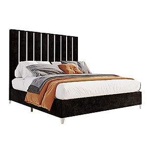 AMERLIFE King Bed Frame with 58" Tall Headboard, Silver Mirror-Plated Trim Platform Bed with Velvet Upholstered, Modern and Luxury Bed, No Box Spring Needed, Black