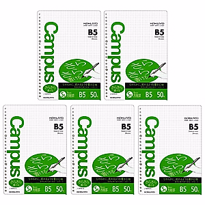 Kokuyo Campus Loose Leaf Paper for Binders, Sarasara Smooth Writing, B5, 5mm Grid Ruled, 26 Holes, 50 Sheets, pH Neutral, Bleed Resistant, 75gsm, Pack of 5, Japan Import (NO-837S-5)