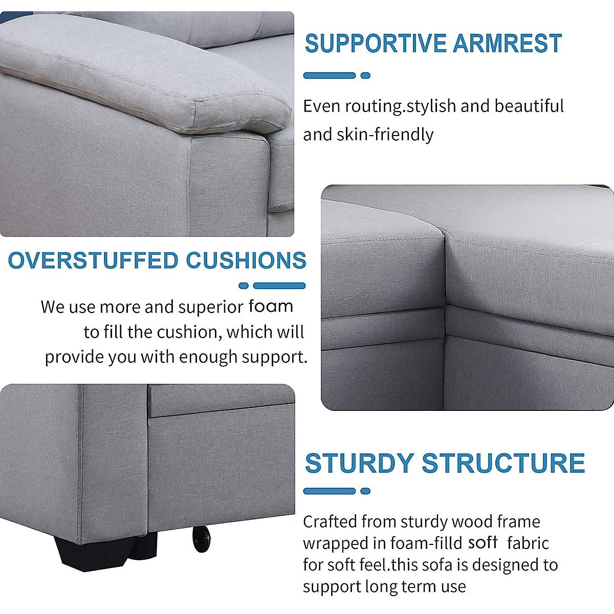 Sleeper Sofa Pull Out Couch with Storage, Modular Sectional Sofa Bed with Chaise Lounge, Modern Comfy 6 Seater U Shape Couch Bed for Living Room, Apartment, Home Office(Grey)