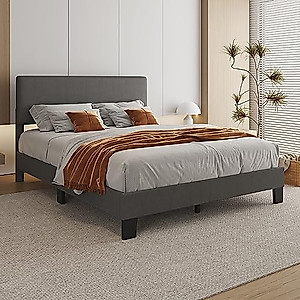 Lifezone Queen Bed Frame with Headboard,Linen Upholstered Bed Frame with Wood Slats Support,No Box Spring Needed,Heavy Duty Feet,Easy Assembly,Light Grey