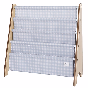 3 Sprouts Recycled Fabric Kids Bookshelf – 4-Tier Sling Book Rack Storage - Kids Room Book Shelves, Nursery, Playroom, Classroom - Bookcase Display Shelf for Toddler, Children Age 3+ - Gingham Blue