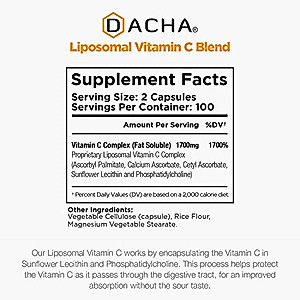 DACHA Natural Liposomal Vitamin C - 1700mg, 200 Capsules, Immune System & Collagen Booster, High Absorption Fat Soluble VIT C, Buffered, Skin Vitamins, Sunflower Lecithin