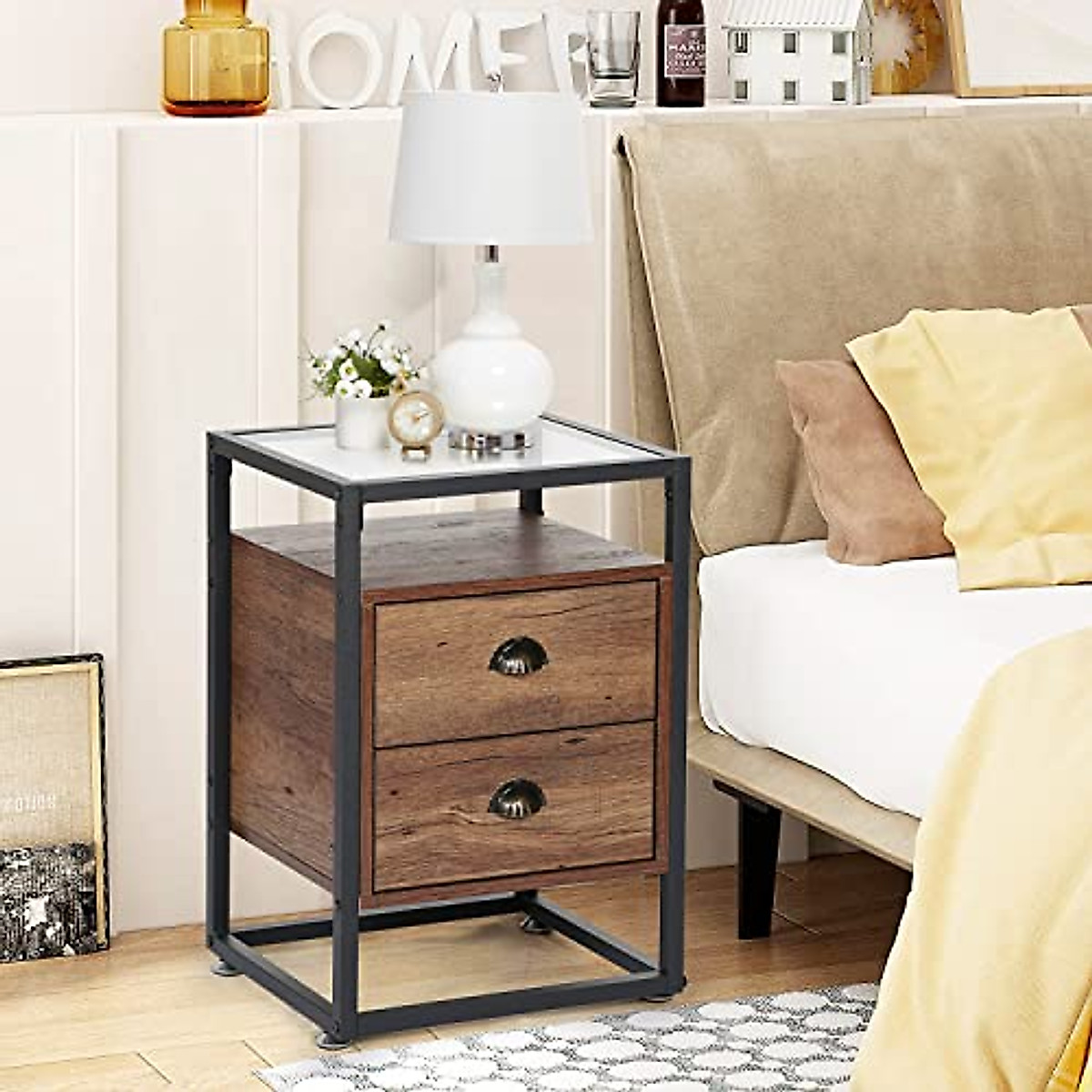 VECELO End Table, Modern Nightstand with Drawer, Night Stand Set of 2 for Bedroom Living Room,Tempered Glass, Brown/2pcs