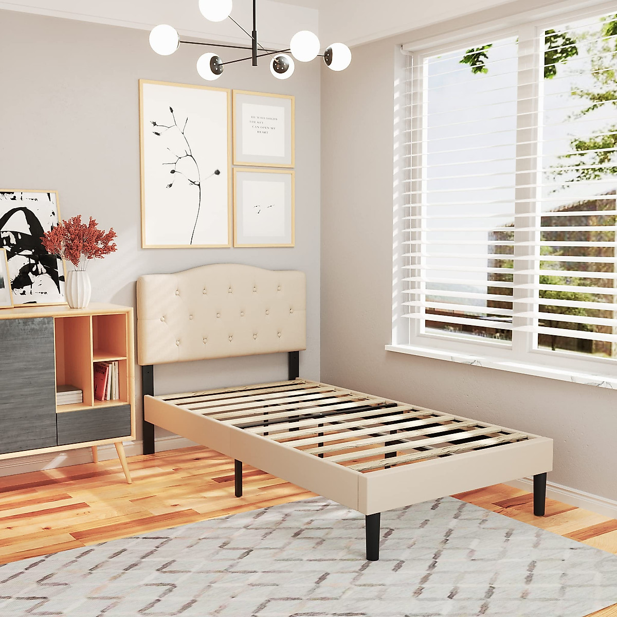 VECELO Classic Upholstered Platform Bed Diamond Stitched Cloth Panel Headboard/Mattress Foundation/Easy Assembly/Strong Slat Support Twin,Beige