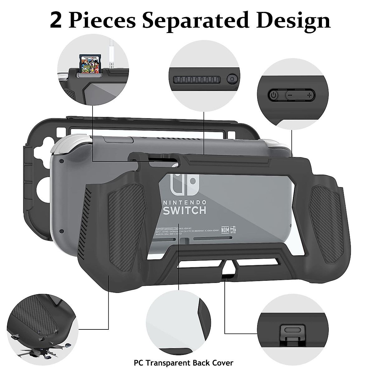 Protective Case for Nintendo Switch Lite, Full Protection Switch Lite Cover, TPU Shock-Absorption and Anti-Scratch for Nintendo Switch with Bult-in Screen Protector & Thumb Grip Caps, Black