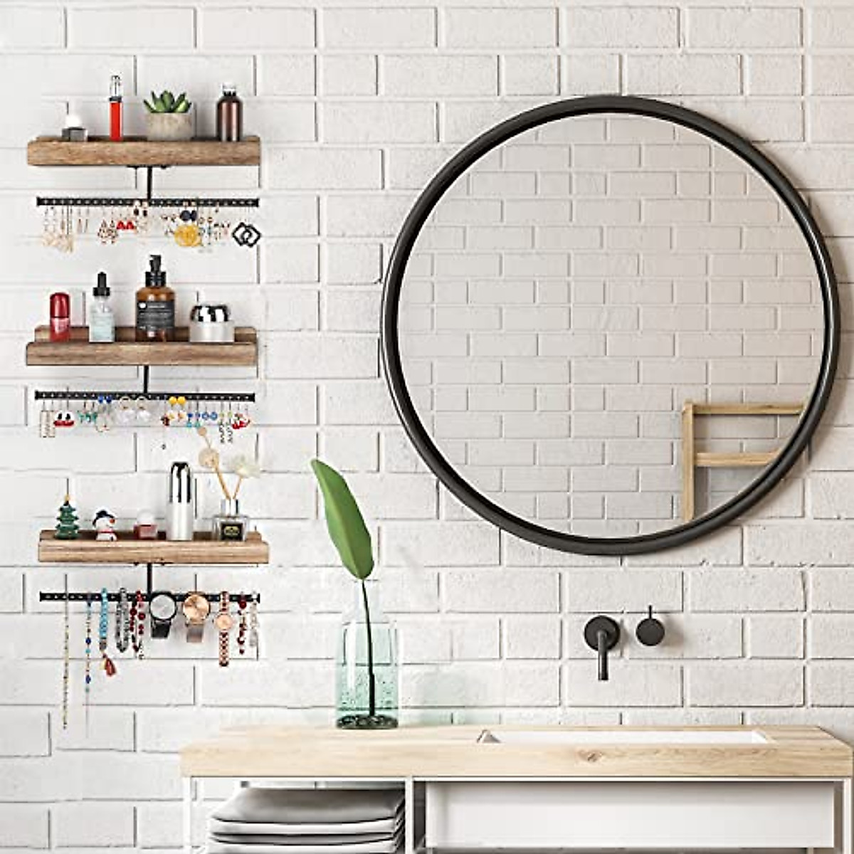 Miratino Jewelry Organizer Hanging Jewelry Holder Rustic Wood Wall Mounted Jewelry Storage for Necklaces Bracelets Earrings Rings Display Set of 3 Carbonized Black