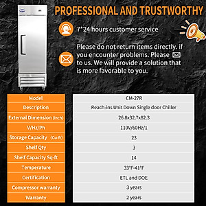 CHUMART 27" W Commercial Refrigerator Single Door 23 Cu.ft Commercial Fridge Fan cooling Stainless Steel Reach-in Refrigerator with Digital Thermostat for Restaurant, Bar, Home, etc