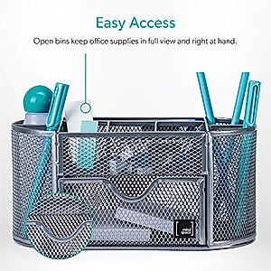 Mindspace Office Desk Organizer with 8 Compartments + Drawer | Desk Caddy Pen Holder For Office Accessories | The Mesh Collection, Silver