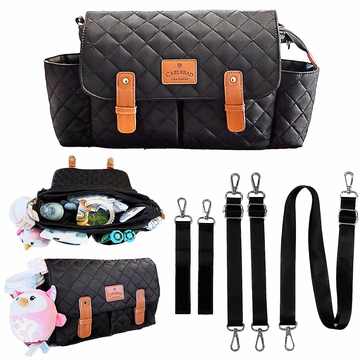 Carlsbad Linen Company Stylish Black Quilted Nylon Universal Stroller Caddy Organizer Cup Holder and Insulated Bottle Pouch 3 Strap Options Included Loose Fit Stable Velcro And Over the Shoulder