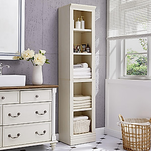 JAHRSTIM 5-Shelf Narrow Bookcase, 72 in Tall Skinny Bookshelf, Small Bookshelf Floor Standing Display Storage Shelves Home Decor Furniture for Home Office, Living Room, Bed Room, Cream