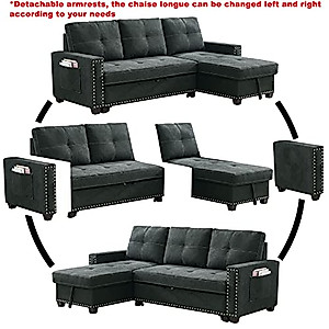 EMKK Home Reversible Sleeper Sectional Sofa Chaise, L-Shape Sofá Pull-Out Bed w/Side Storage Bag Furniture Setfor Apartment,Living Room,Office, Black 82“