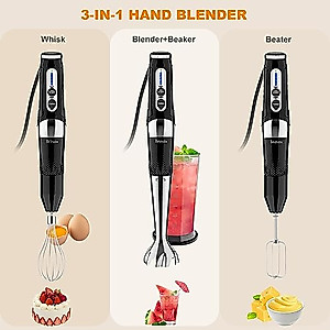 3-in-1 Immersion Hand Blender: 3-Angle Adjustable with Variable 21-Speed Control, Powerful Hand Blender Electric for Milkshakes | Smoothies | Soup| Puree | Baby Food (Grey)