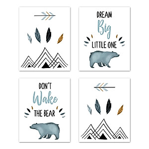 Sweet Jojo Designs Slate Blue and White Wall Art Prints Room Decor for Baby, Nursery, and Kids for Bear Mountain Watercolor Collection - Set of 4 - Dream Big, Don't Wake the Bear