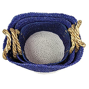 Deco 79 Seagrass Handmade Two Toned Storage Basket with Handles, Set of 3 17", 15", 13"W, Blue